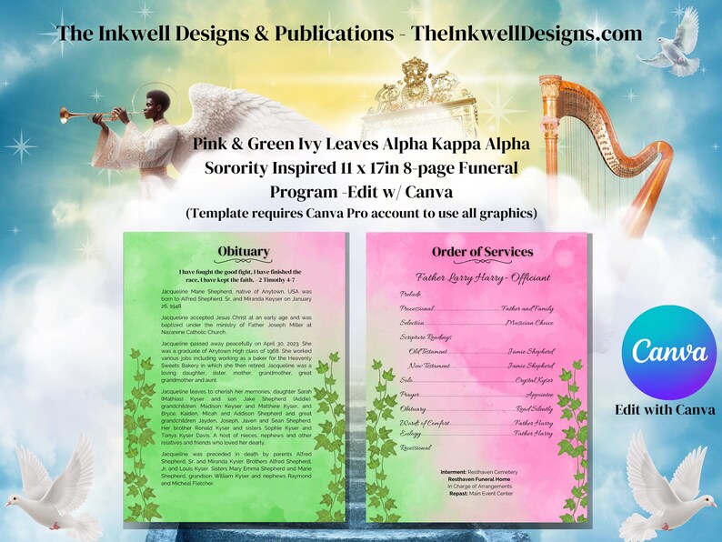 Elegant, Sophisticated Funeral Program Template, Canva Editable , Pink ...