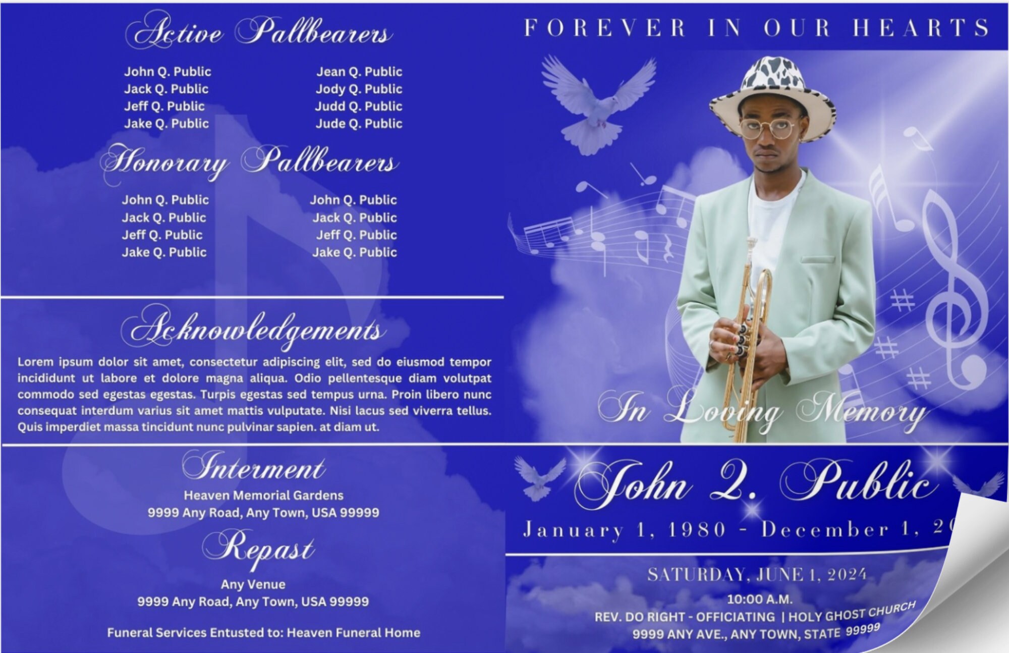 Royal Blue Music Lover Funeral Program Template - 8 Pgs. 11 X 17 - Etsy