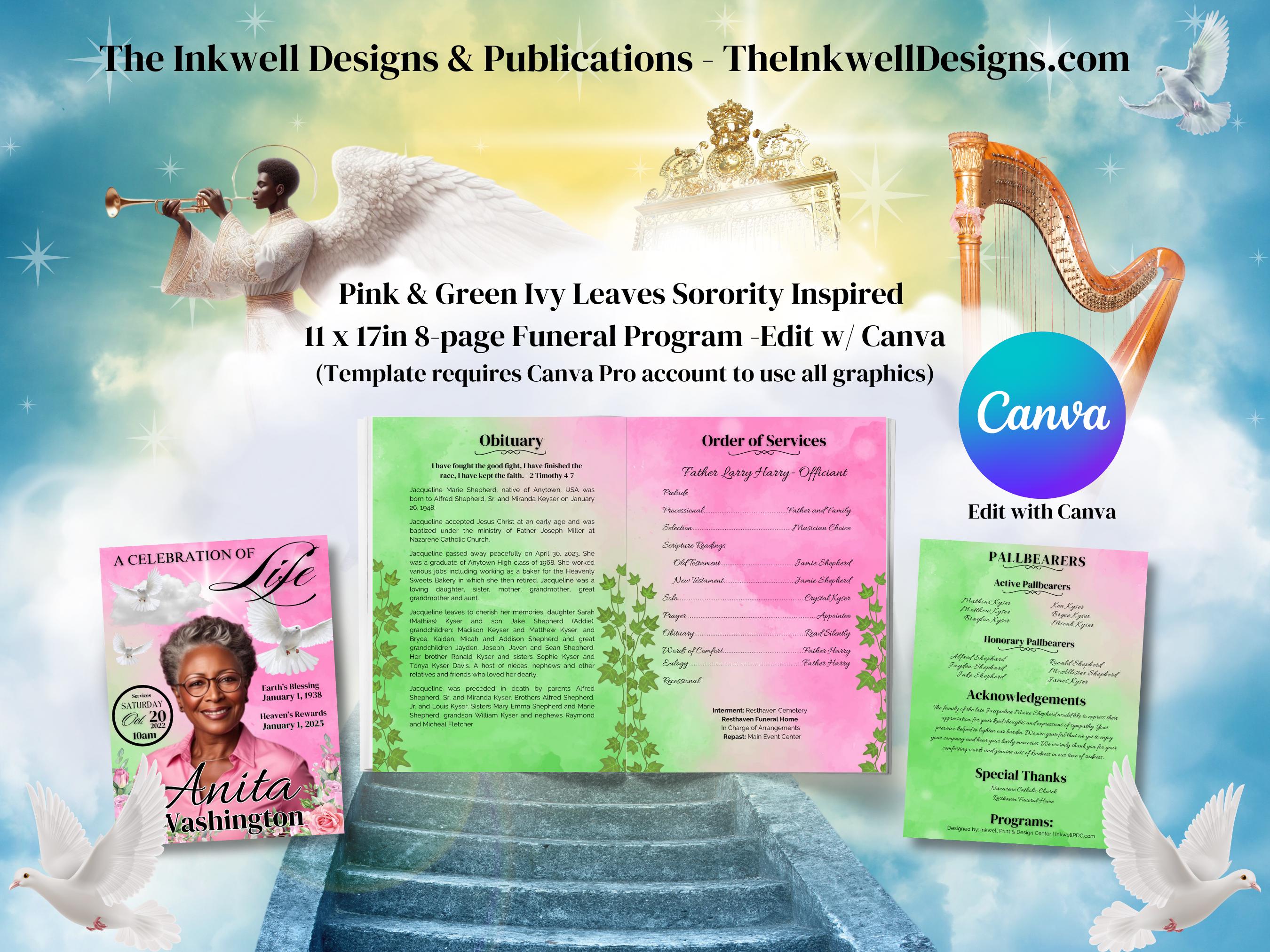 Elegant, Sophisticated Funeral Program Template, Canva Editable , Pink ...