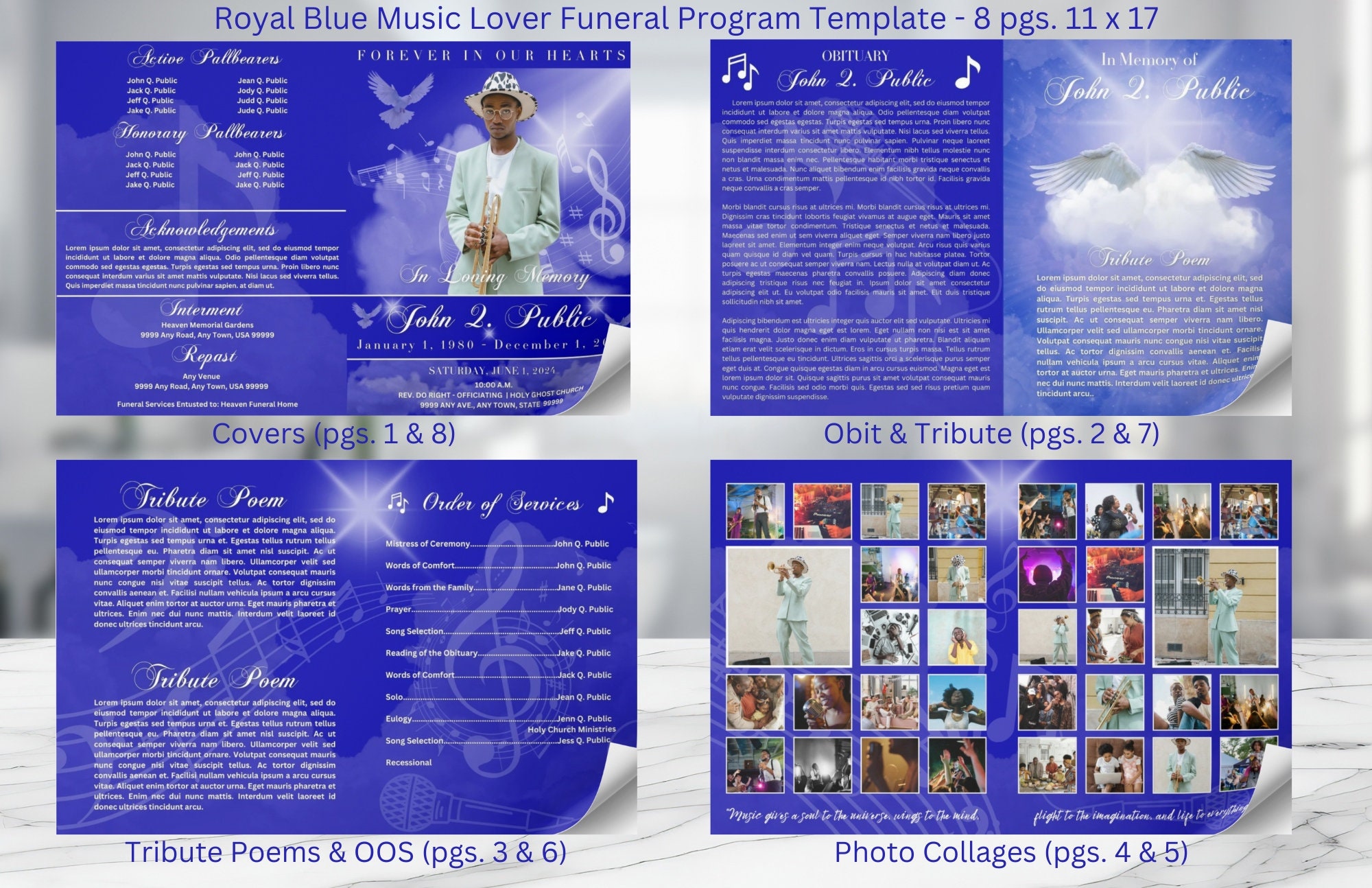 Royal Blue Music Lover Funeral Program Template - 8 Pgs. 11 X 17 - Etsy
