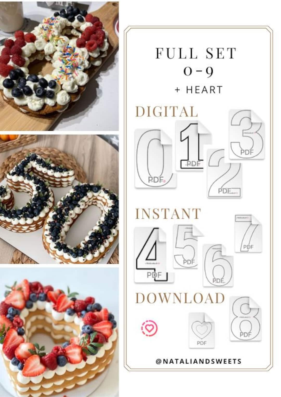 Number Cake Templates, Stencils 0 to 9 and Heart Printable Instant ...