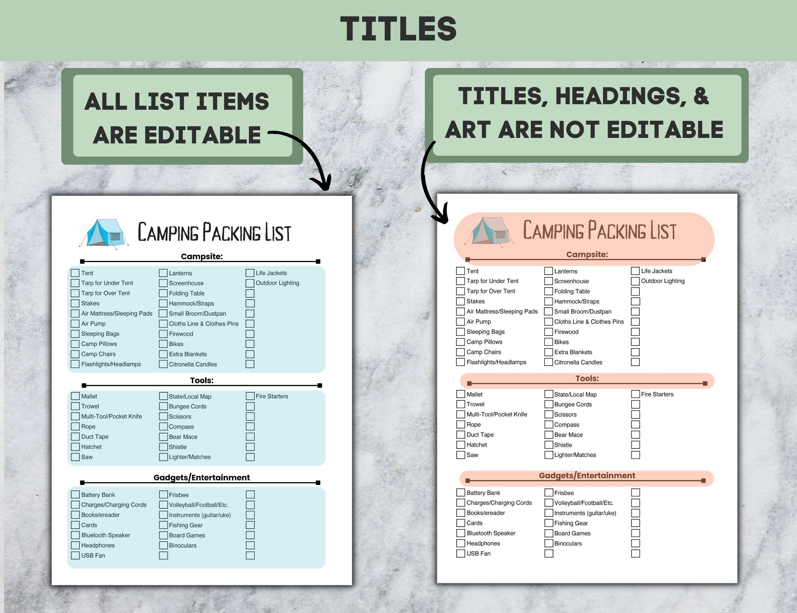 Camping Planner Checklist Camping Packing List Editable - Etsy