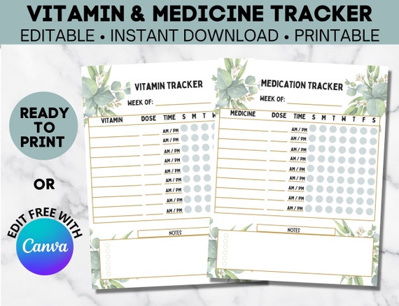 Editable Vitamin Medicine Daily Tracker Editable Vitamin | Etsy