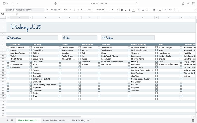 Editable Packing List, Packing List Spreadsheet, Kids, Baby, Family ...
