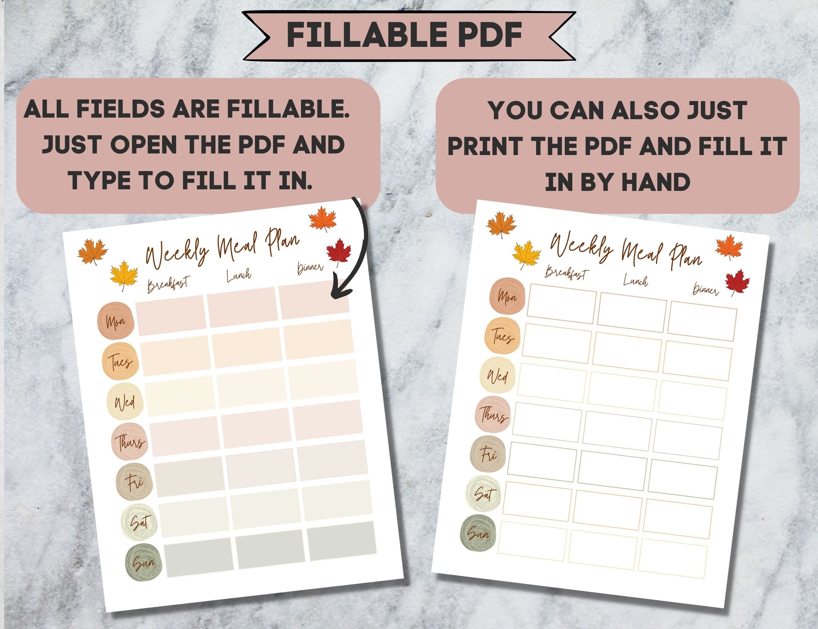 Fillable Meal Planner, Fall Printable Meal Plan, Editable Meal Plan ...
