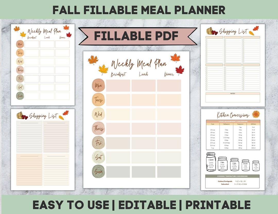 Fillable Meal Planner, Fall Printable Meal Plan, Editable Meal Plan ...