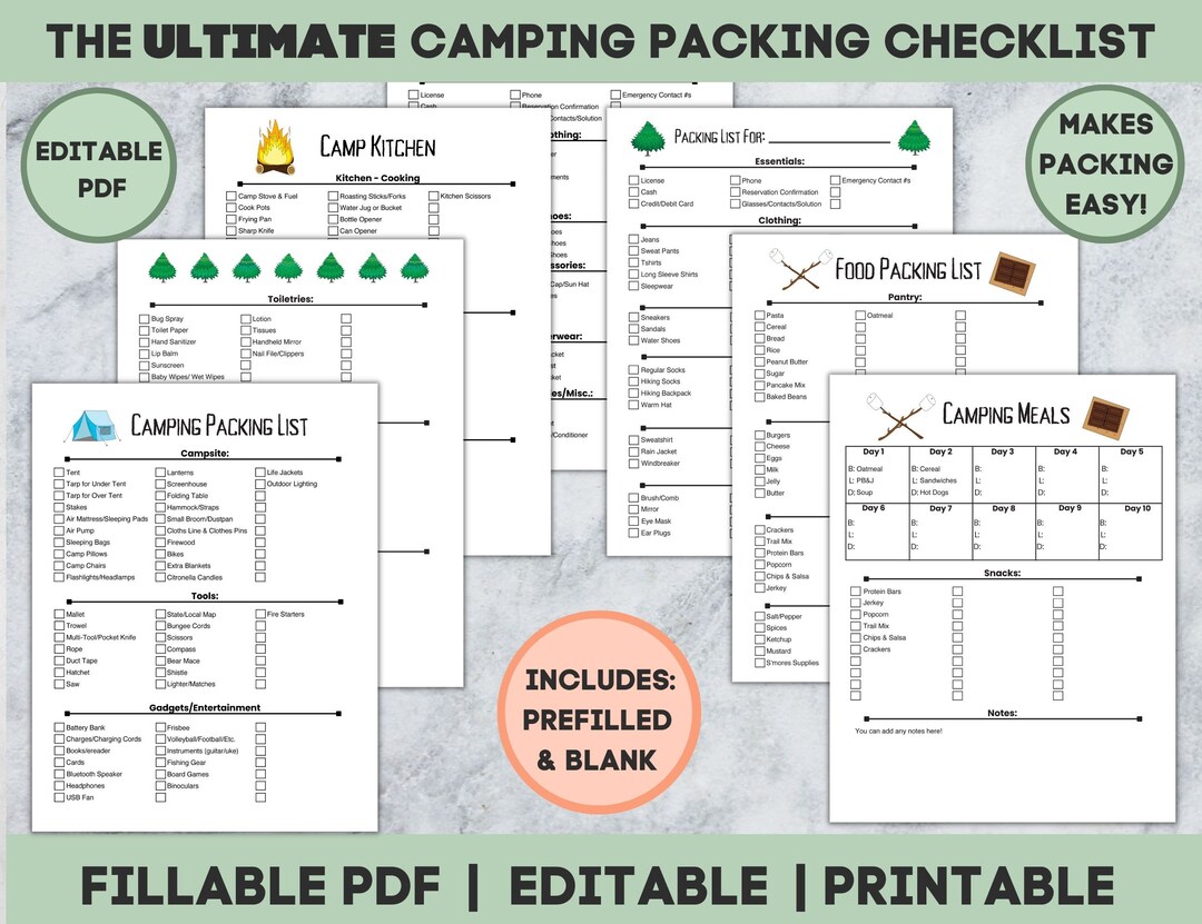 Camping Planner Checklist, Camping Packing List, Editable, Camp Packing ...