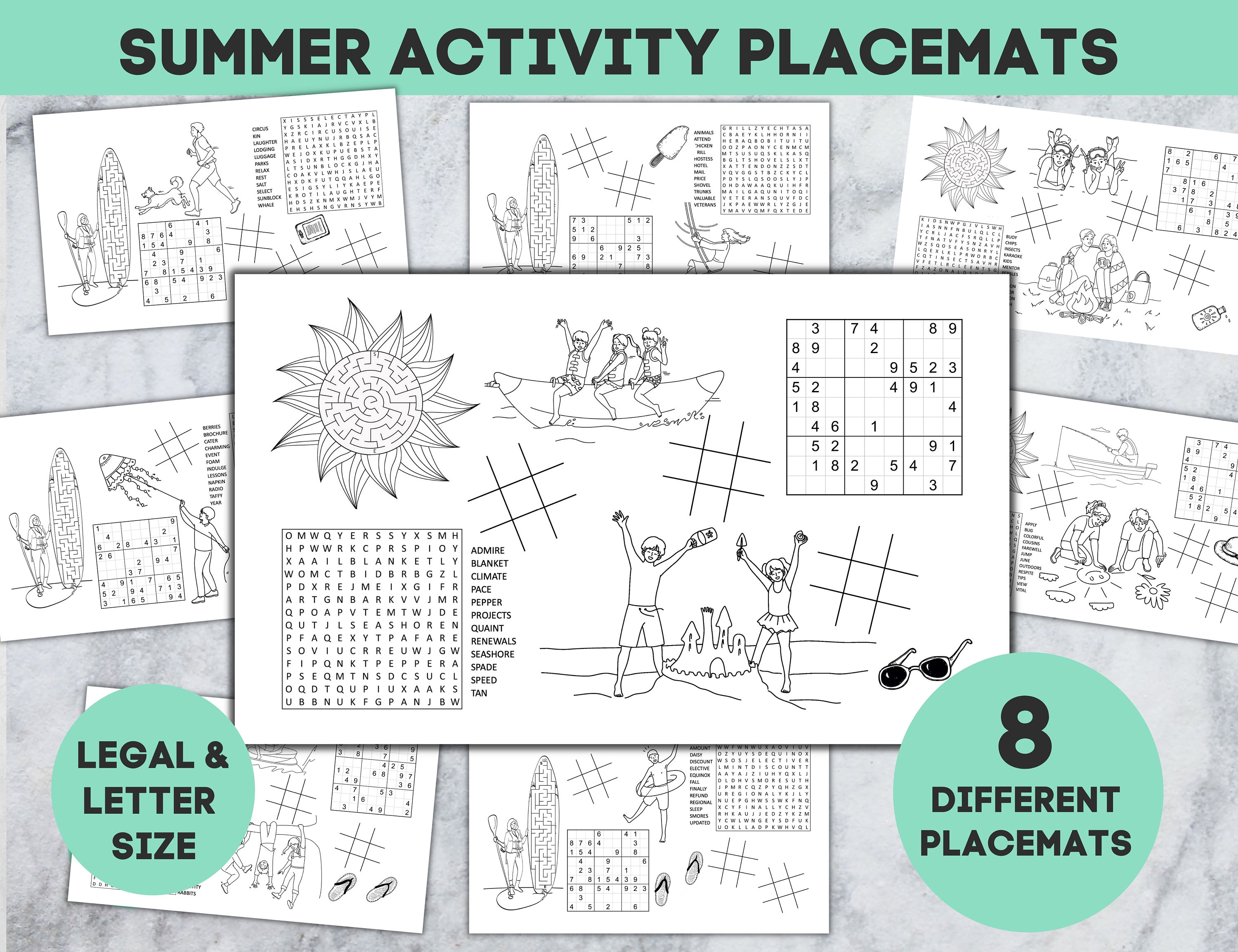 Summer Activity Placemats, Kids Printable Activity Placemats, Sudoku ...