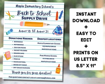 Back to School Supply Drive/fundraiser/donations Flyer Editable ...