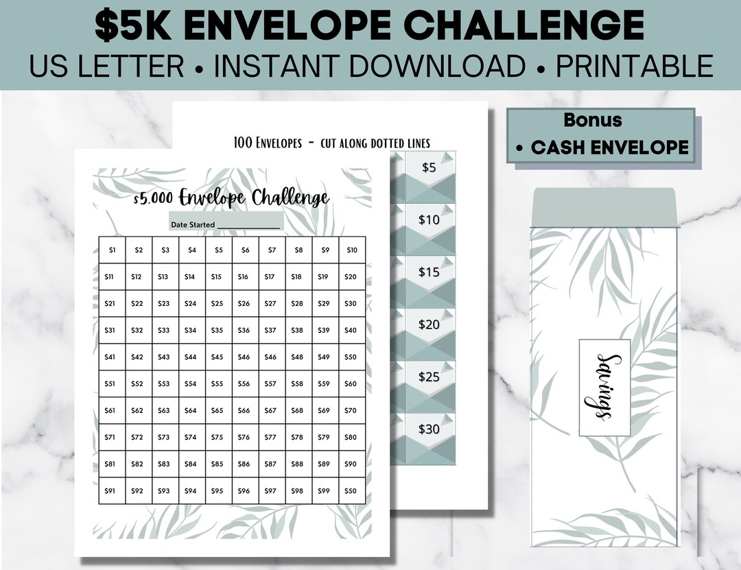 5K 100 Envelope Challenge, 5,000 Savings Tracker Printable, 5000 ...