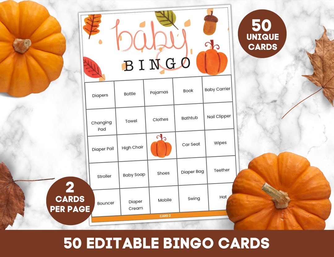 Baby Shower Bingo Pumpkin Printable, Baby Shower Editable Bingo, Fall ...