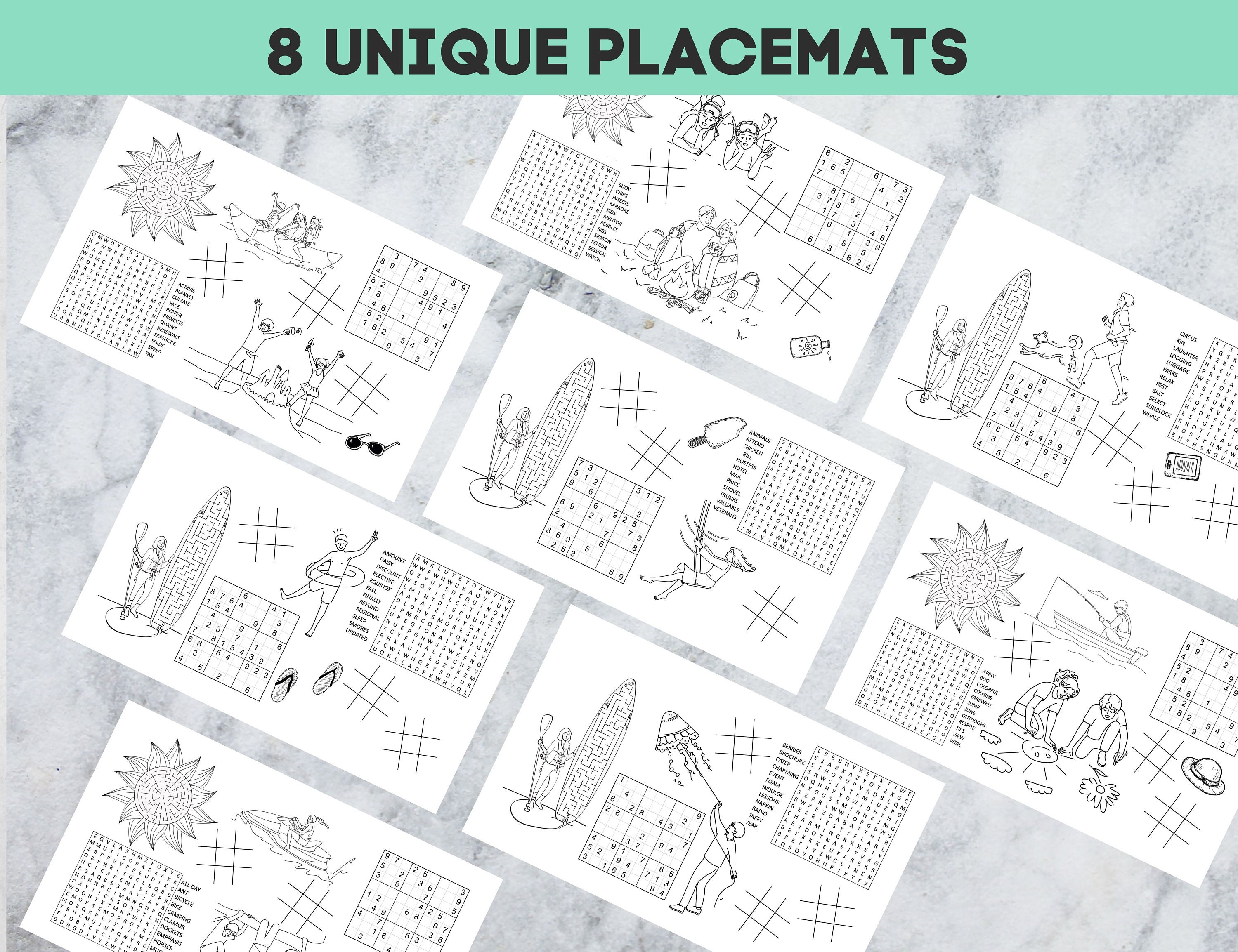 Summer Activity Placemats, Kids Printable Activity Placemats, Sudoku ...