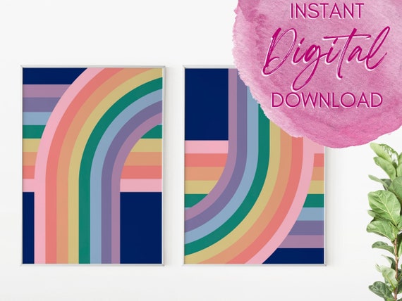 An Indie Inspired Navy Blue and Pastel Rainbow Two Piece Wall - Etsy