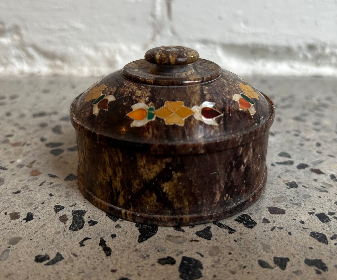 Round Oriental Stone Inlay Lidded Trinket Box - Etsy