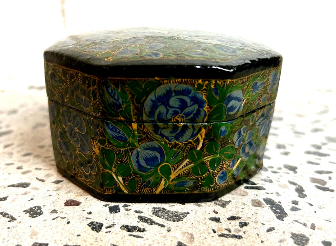 Lacquerware Trinket Box Blue Flowers Made by Mahdi India - Etsy