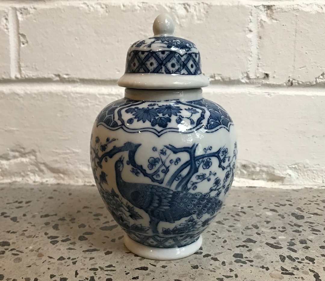 Vintage Ginger Jar Peacock Design Japan Blue White Pottery - Etsy