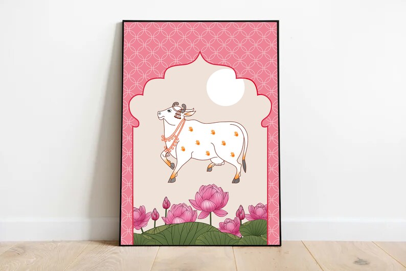 Lotus & Cow Art Prints: Vintage Style Poster Set (digital Download) - Etsy