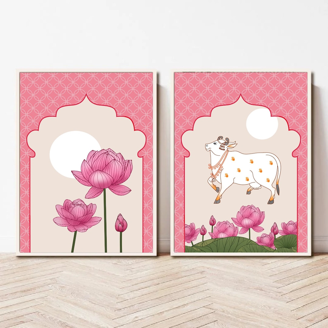 Lotus & Cow Art Prints: Vintage Style Poster Set (digital Download) - Etsy