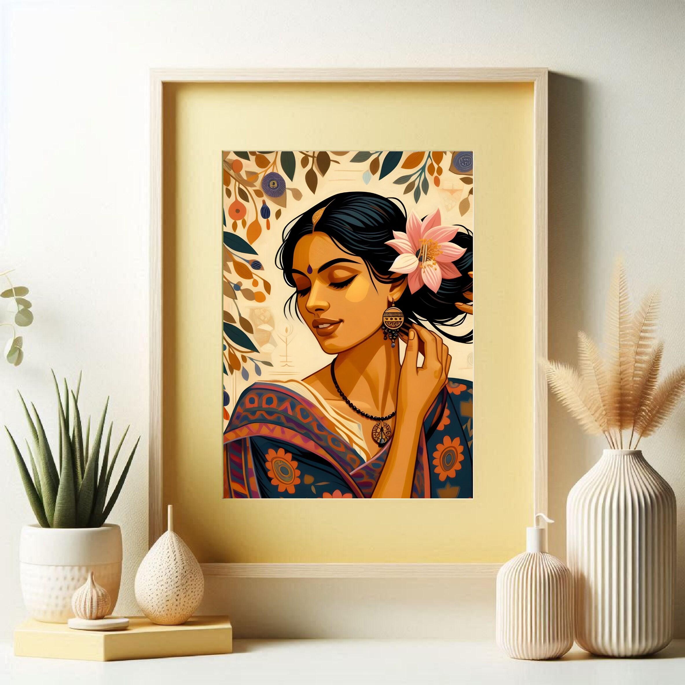 Indian Girl Art, Indian Wall Art, Indian Woman With Flowers, Living ...