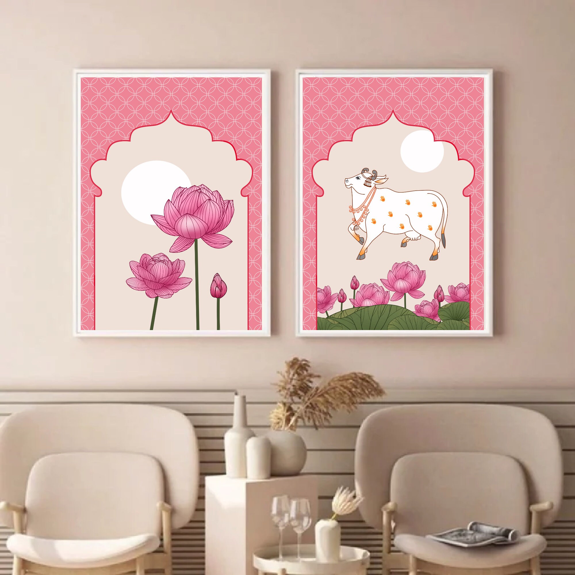 Lotus & Cow Art Prints: Vintage Style Poster Set (digital Download) - Etsy
