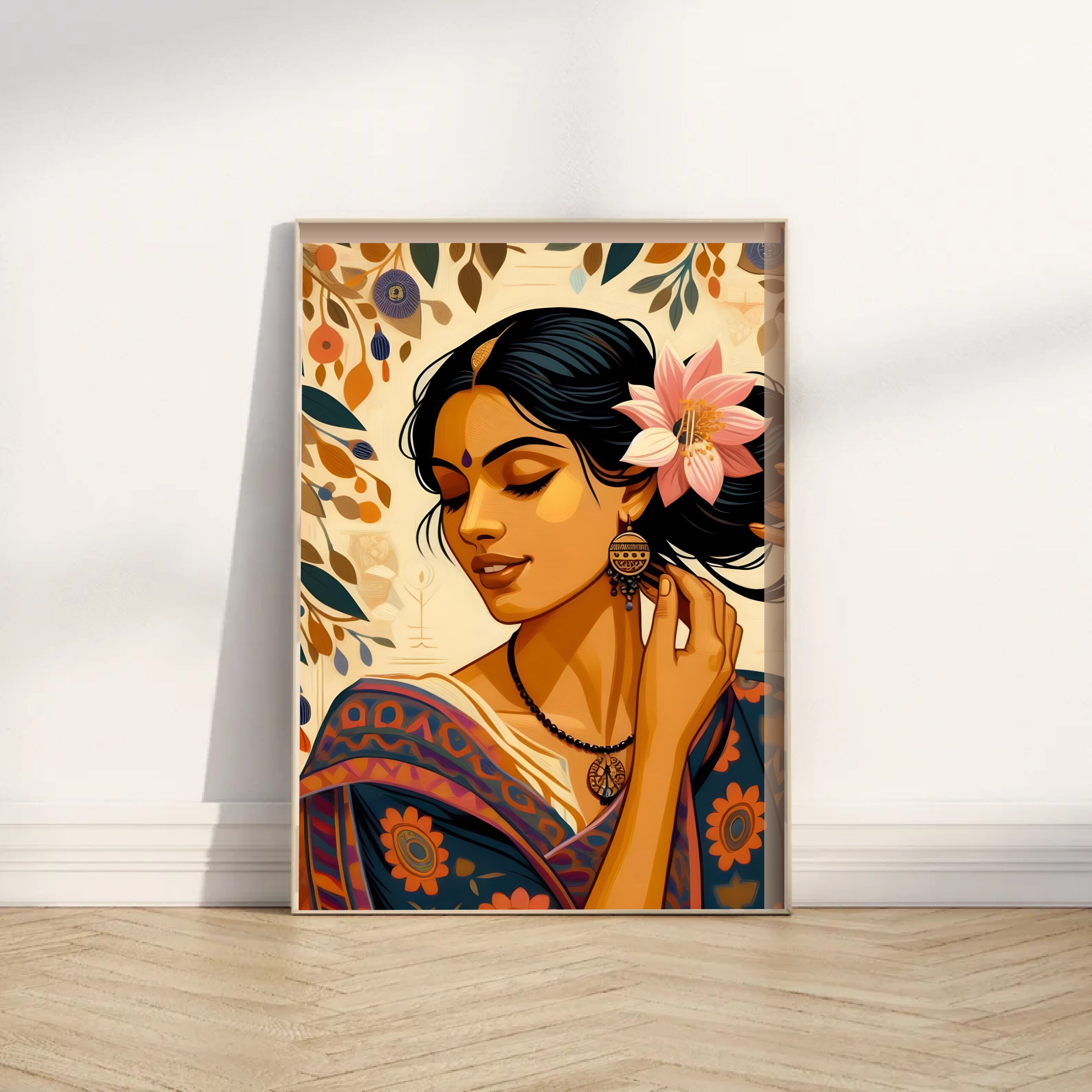 Indian Girl Art, Indian Wall Art, Indian Woman With Flowers, Living ...