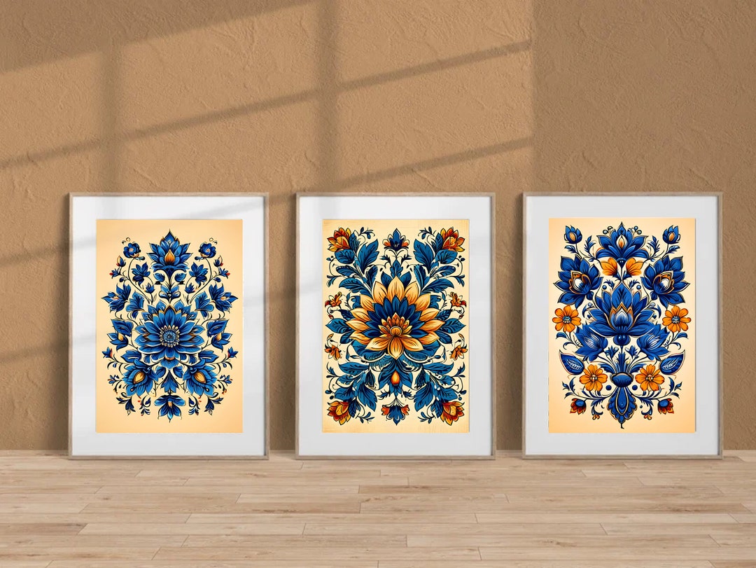 Indian Folk Art, Indian Floral Art, Floral Pattern Set of 3, Indian ...