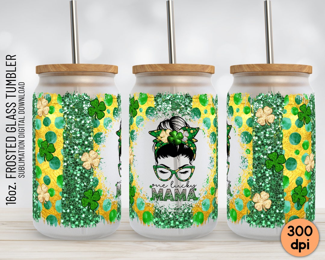 16 Oz Frosted Libbey Glass Can Tumbler One Lucky Mama Messy Bun
