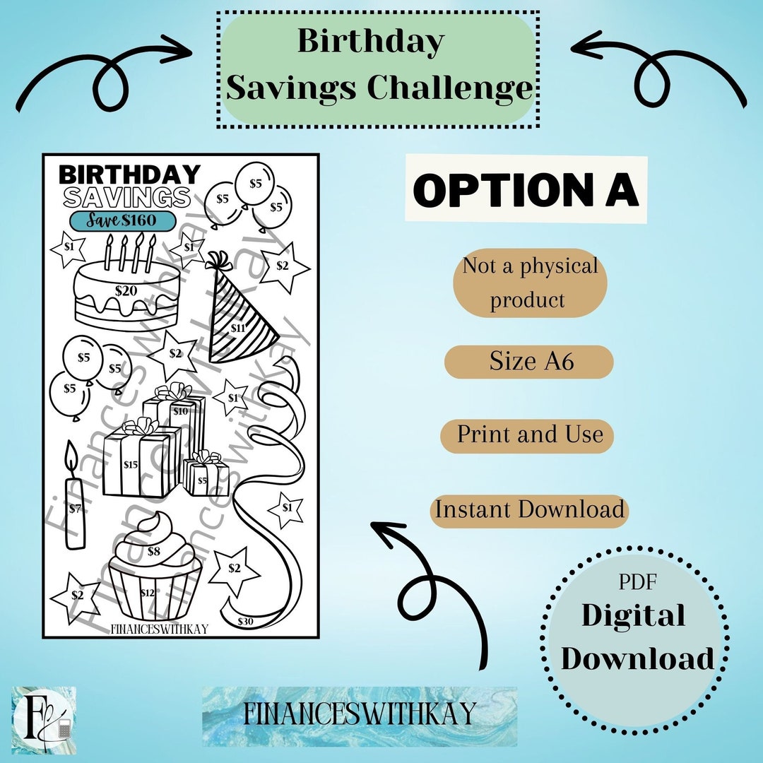 Birthday Savings Challenge Option A - A6 Size - INSTANT DIGITAL ...