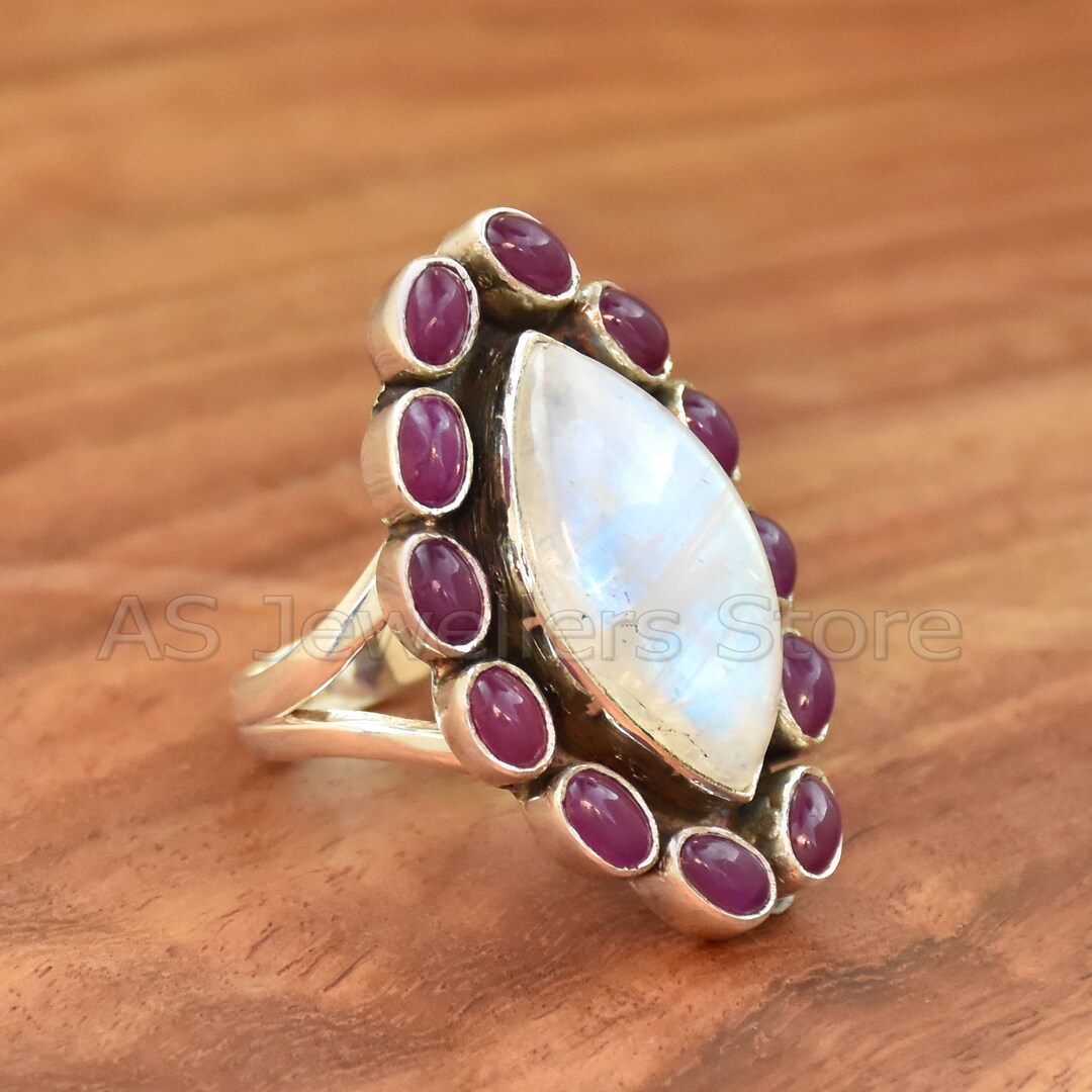 925 Sterling Silver Ring, Moonstone Natural Ruby Gemstone Ring ...