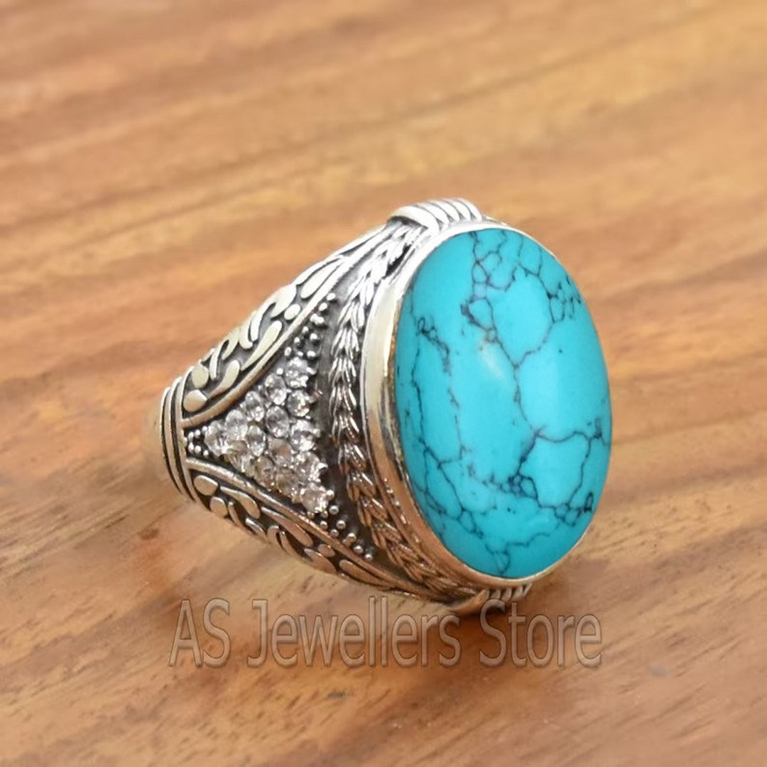 Turquoise Men's Ring, 925 Sterling Silver Turquoise Ring, Designer Blue ...