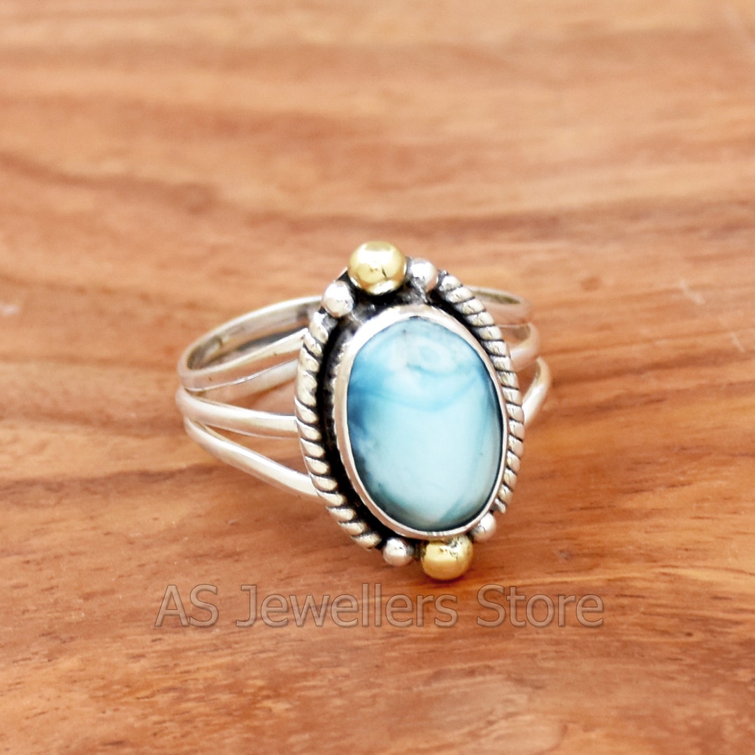 Genuine Larimar Ring, 925 Sterling Silver Ring, Handmade Silver Ring, Two Tone Ring, Oval Stone ...