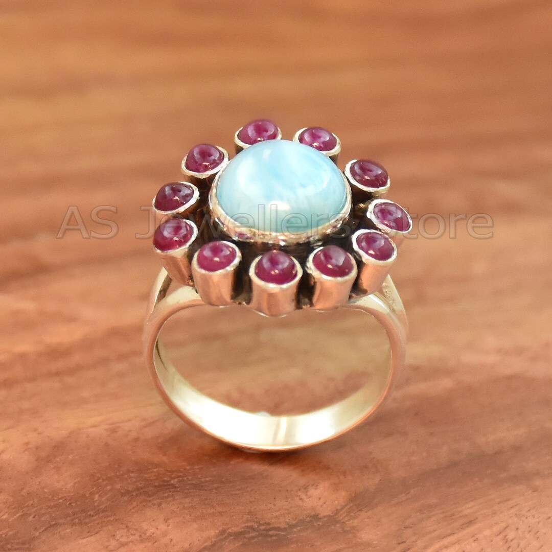 Larimar & Natural Ruby Gemstone Ring, Handmade Silver Ring, Two ...