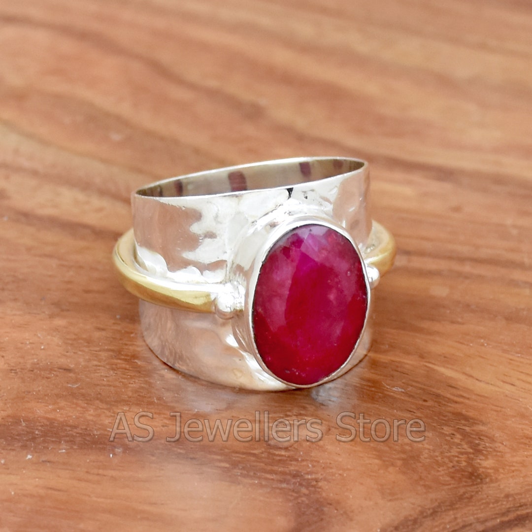 Indian Ruby Ring, 925 Sterling Silver Ring, Two Tone Ring, Wide Band ...