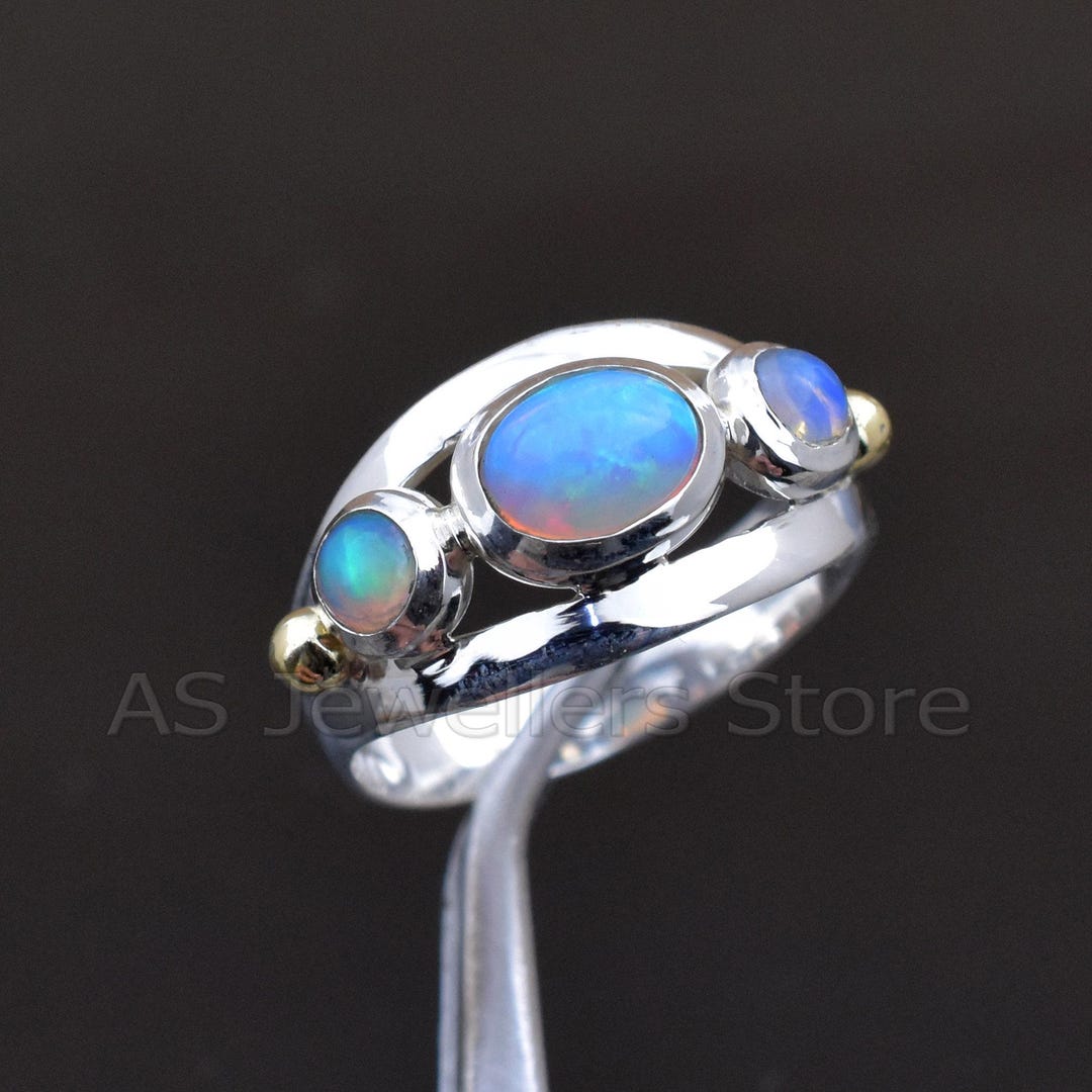 925 Sterling Silver, Natural Opal Ring, Two Tone Ring, Multi Stone ...