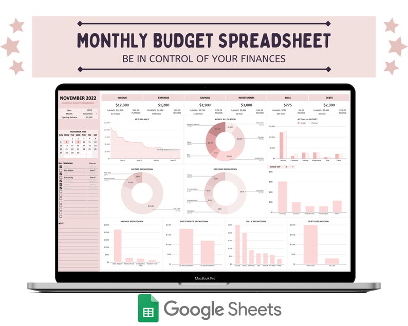 Monthly Budget Spreadsheet | Google Sheets Budget and Spending Tracker ...