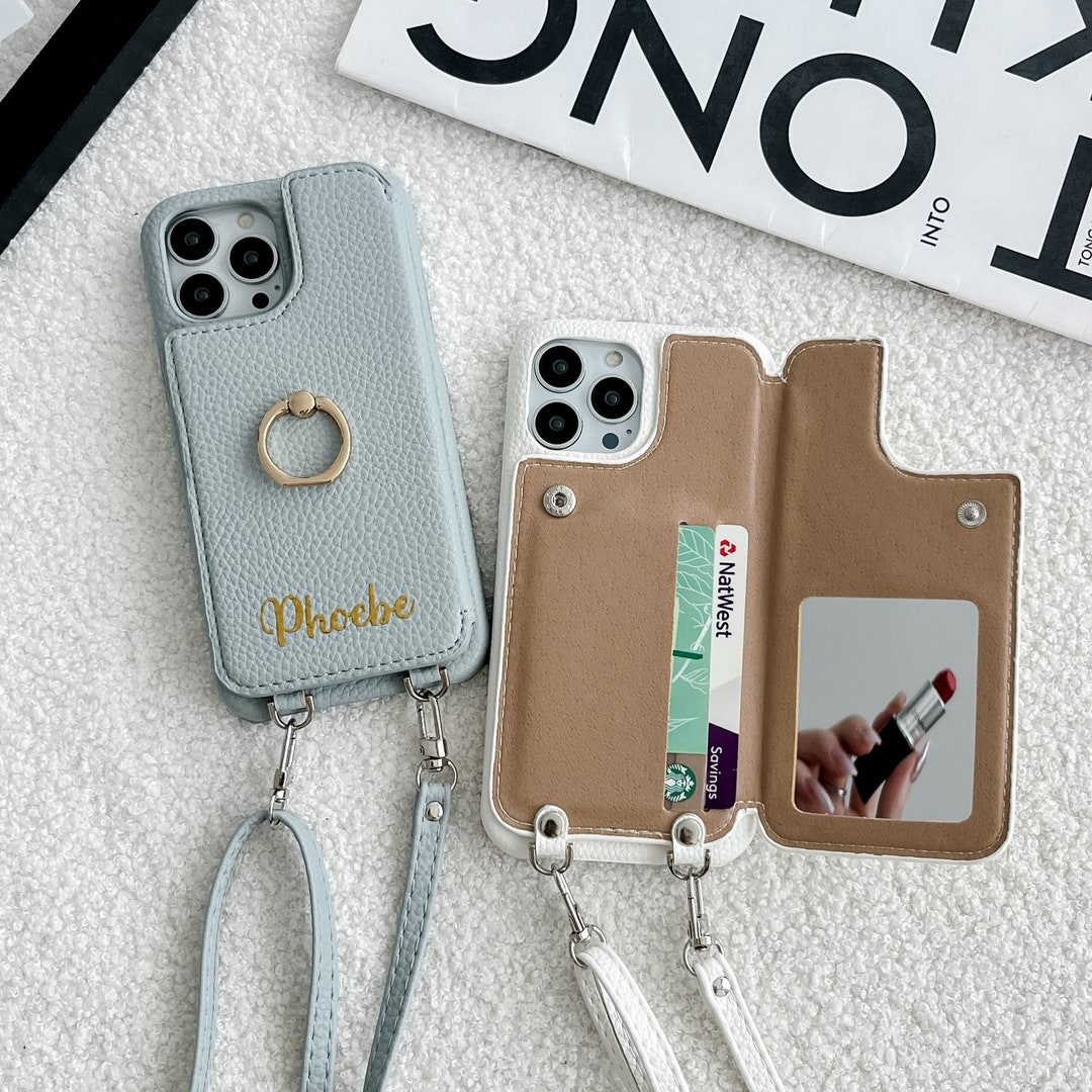 Leather Card Slot Phone Case With Mirror, Personalized Crossbody Strap ...