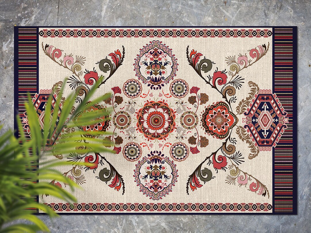 Slaviac Folk Carpet Vinyl Rug, Beige Vinyl Runner, Orange Floorcloth ...