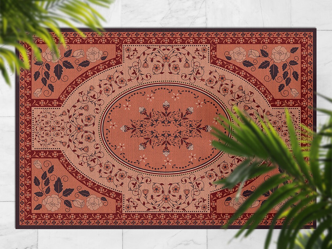 Red Floral Circle Pattern in Frame Outdoor Rug, Red Outdoor Mat for ...