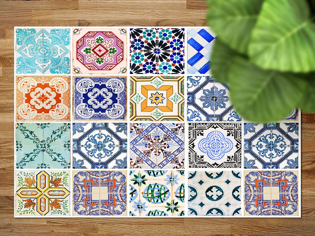 Colorful Collage of Classic Decorative Tiles Vinyl Rug, Blue Vinyl ...