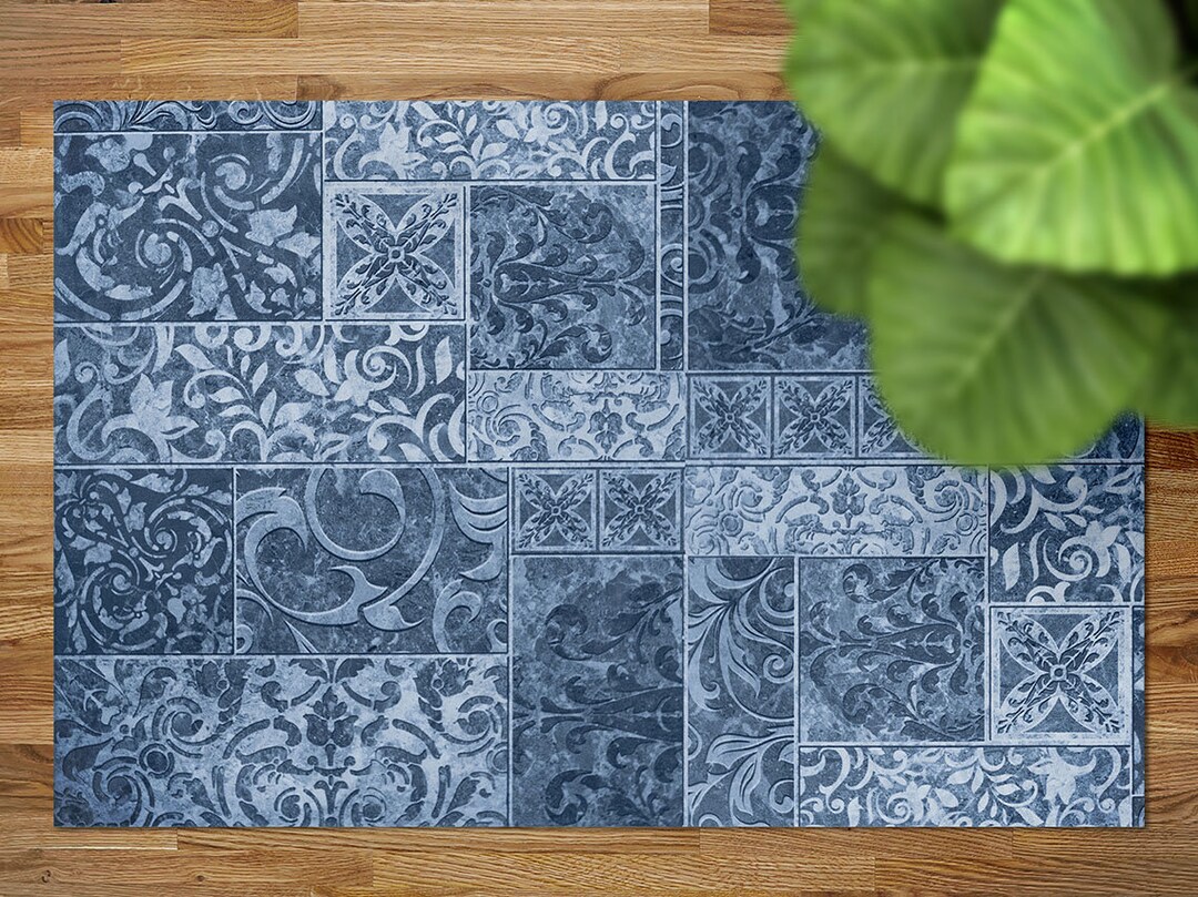Dark Blue Abstract Fauna Vinyl Mat, Blue Floorcloth Vinyl Mat, Navy ...