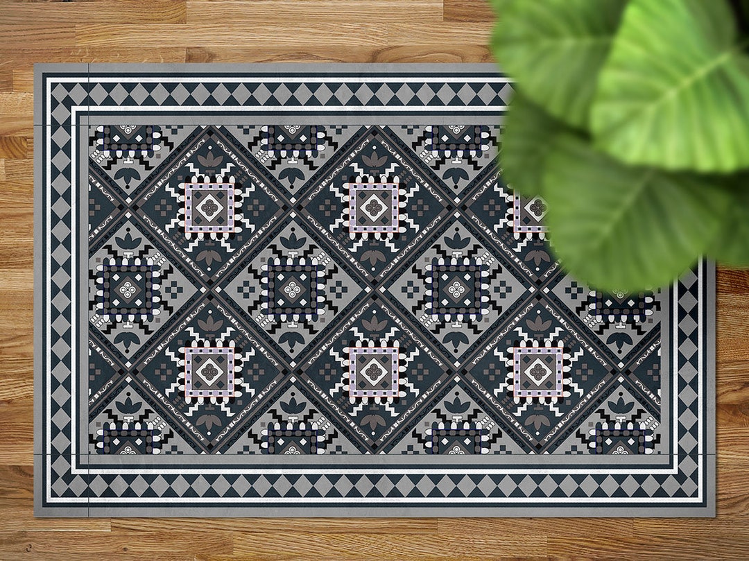Retro Tile Rug Olive Vinyl Rug, Navy Vinyl Runner, Gray Floorcloth ...