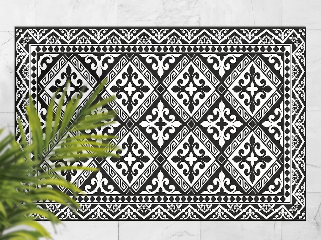 Black and White Decoration Tiles Pattern Vinyl Rug, Black Outdoor Mat ...