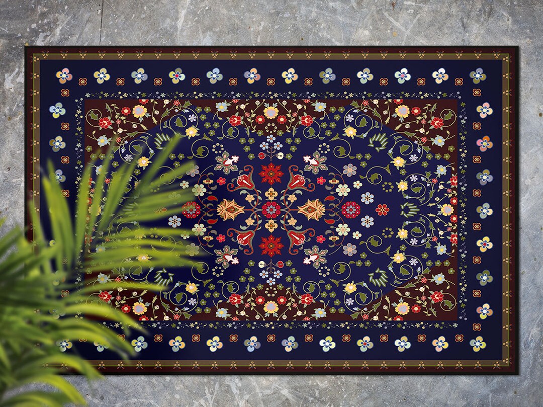 Dark Blue Floral Carpet Traditional Design Vinyl Rug, Navy Vinyl Runner ...