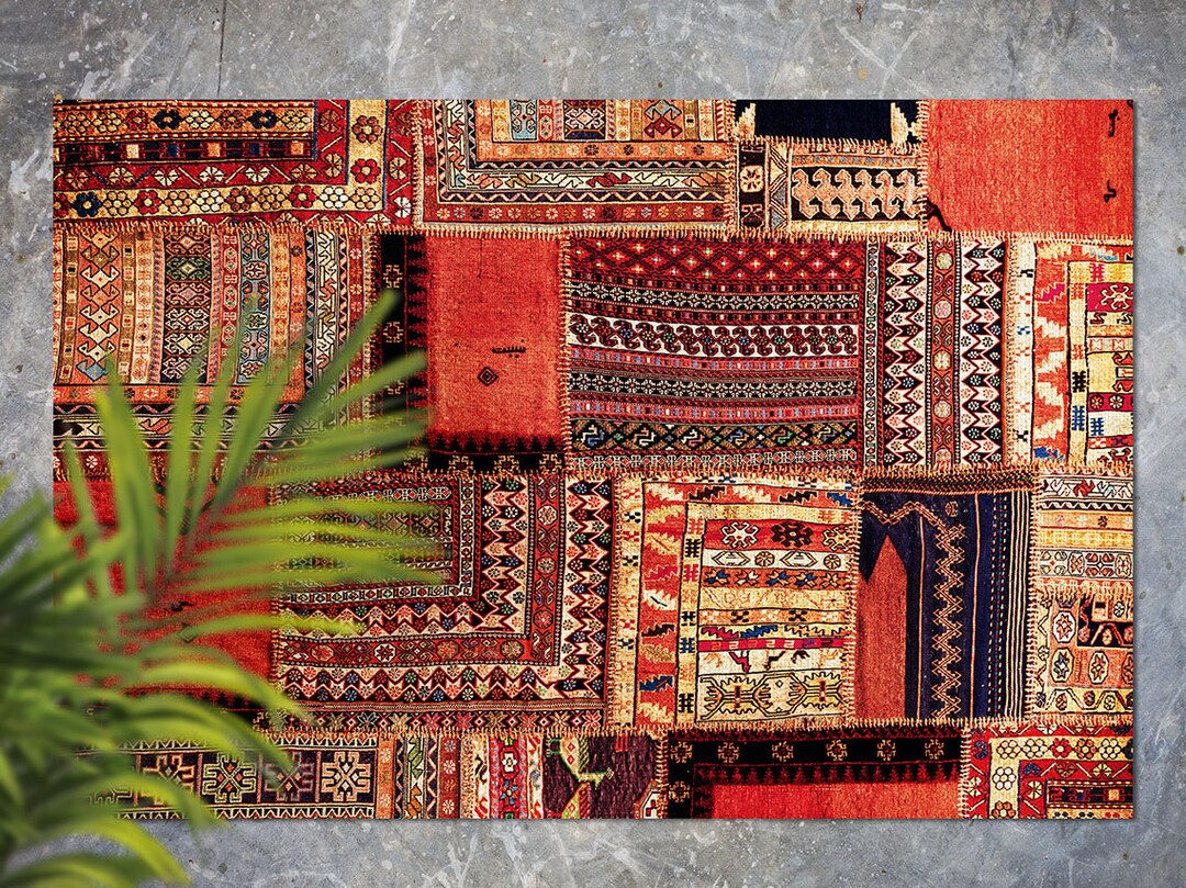 Red Turkish Carpet Patchwork Vinyl Mat, Red Floorcloth Vinyl Mat ...