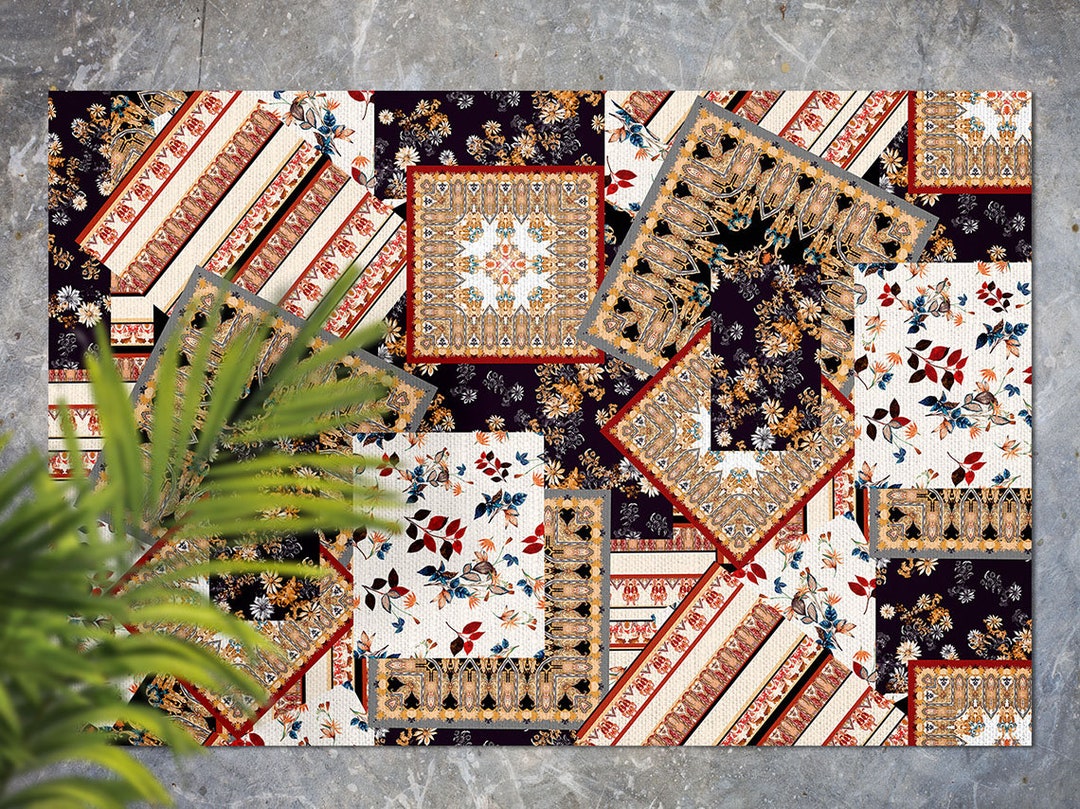Folk Floral Patchwork From Fabric Print Vinyl Rug, Beige Vinyl Runner ...
