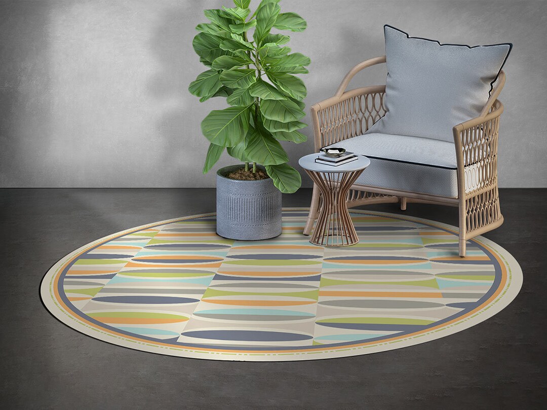 Ovalo Round Carpet Vinyl, Green Vinyl Rug, Orange Round Mat, Geometric ...
