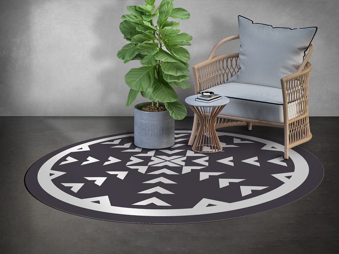 Arrow Round Carpet Vinyl, Black Vinyl Rug, White Round Mat, Geometric ...