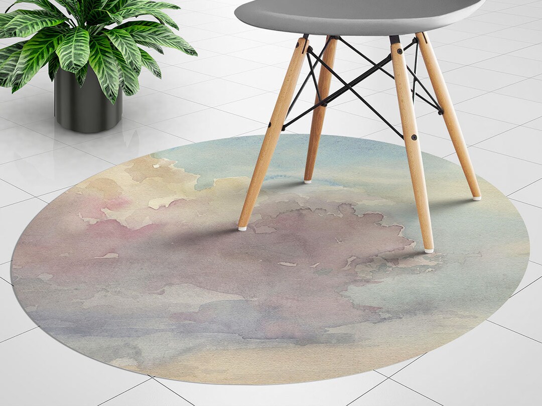 Watercolor Illustration of Sunset Sky Round Vinyl Mat, Purple Mat Under ...