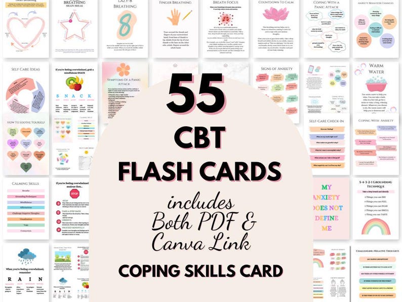 Anxiety Coping Skills Flashcards: Therapy Office Decor (canva Template ...