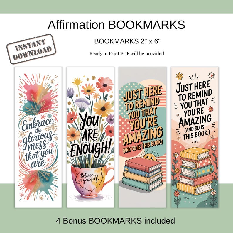 Printable Affirmation Bookmarks: Motivational Reading Gifts (digital ...